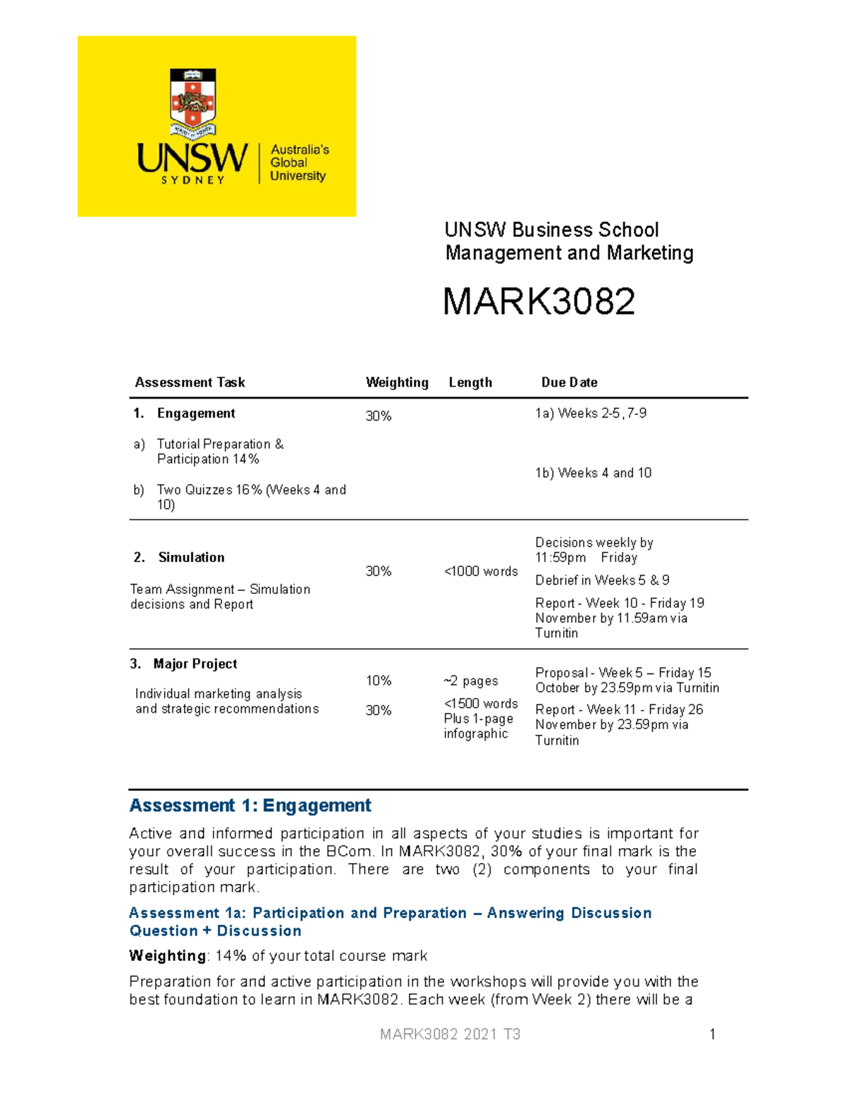 MARK3082 Assessment Handbook T3 2021 - UNSW Business School Management ...