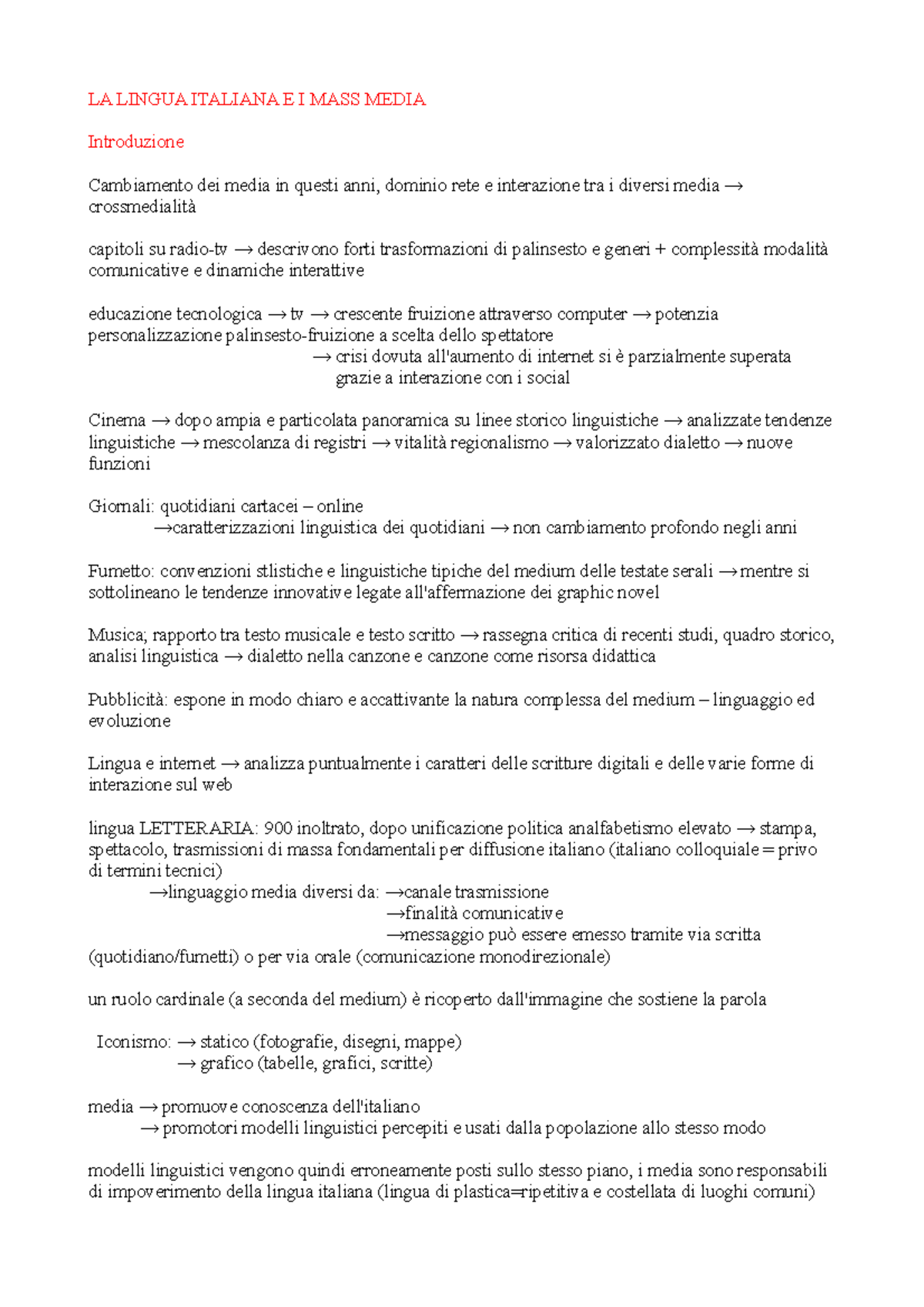 Riassunto - riassunti - LA LINGUA ITALIANA E I MASS MEDIA Introduzione ...