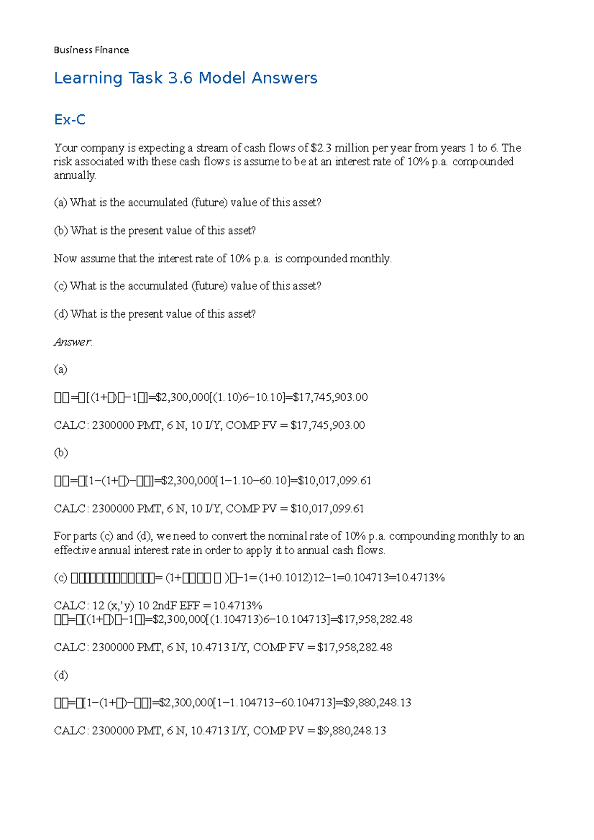 Business Finance LT 3.6 Model Answers - Business Finance Learning Task 3 Model Answers Ex-C Your ...