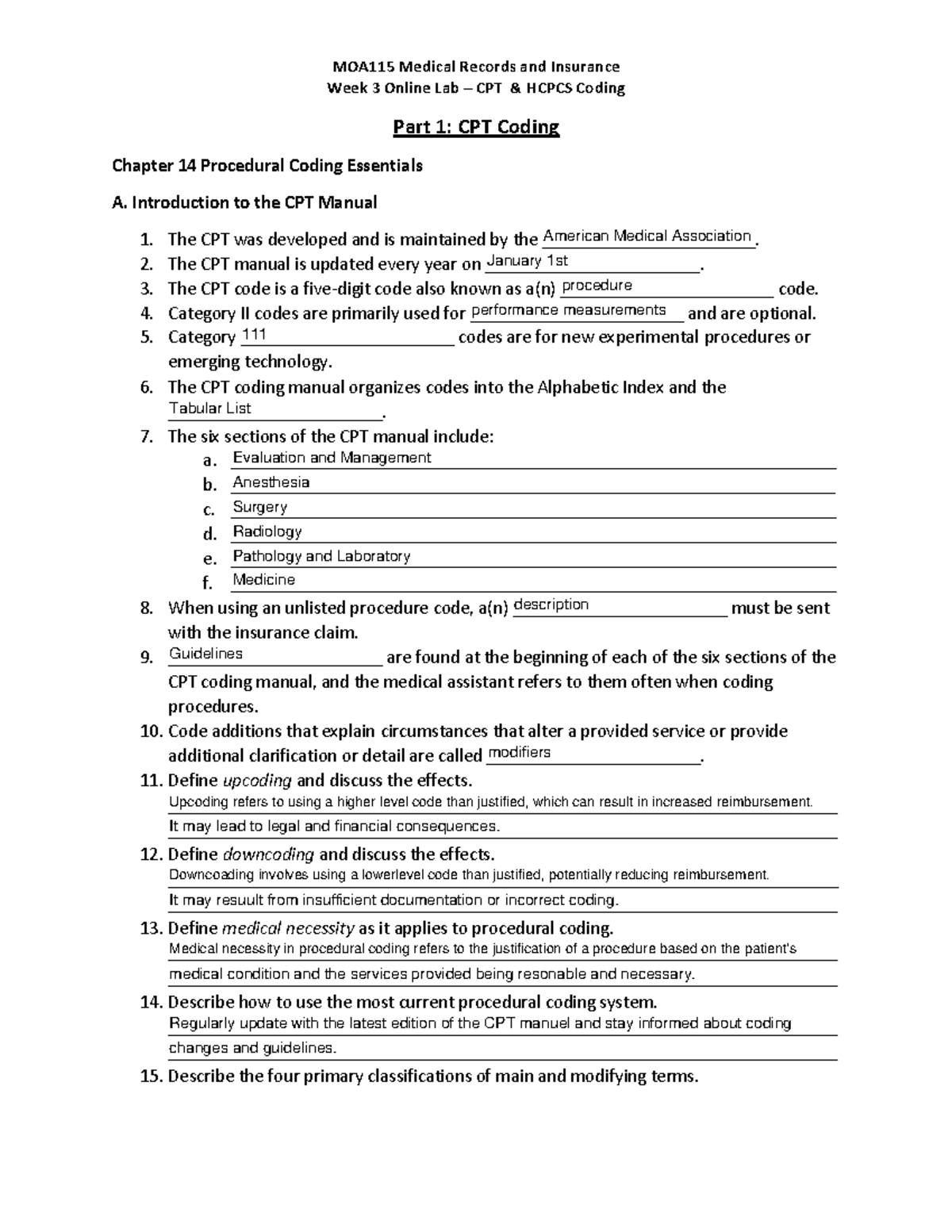 Week 3 Online Lab - MOA115 Medical Records and Insurance Week 3 Online Lab – CPT & HCPCS Coding ...
