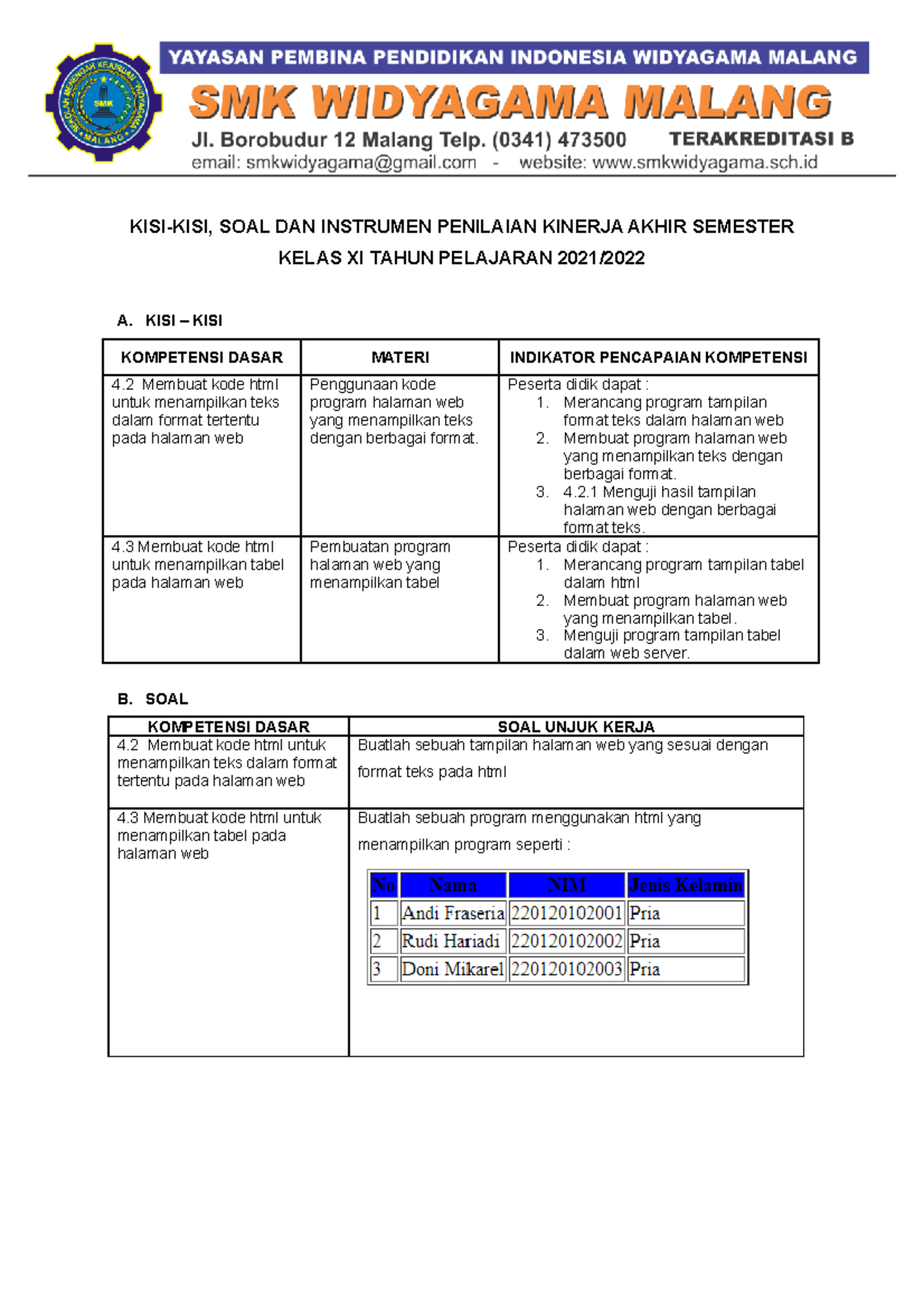Instrumen PWEB - tutorial pweb - KISI-KISI, SOAL DAN INSTRUMEN ...