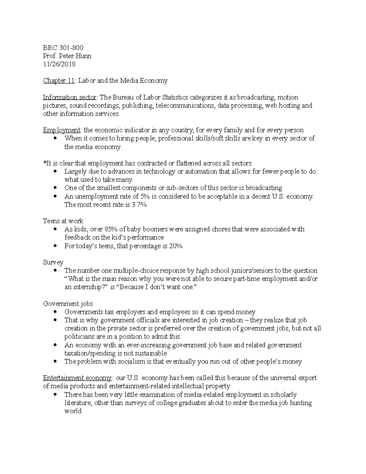 11:26:2018 - Lecture 10 notes - BRC 301- Prof. Peter Hunn 11/26 ...