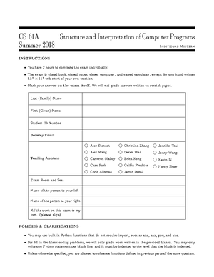 midterm1 solution - CS 61A Structure and Interpretation of Computer Programs Fall 2024 Midterm 1 ...