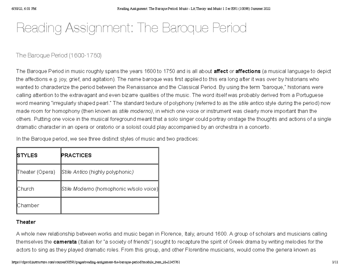Reading Assignment The Baroque Period Music - Lit,Theory and Music 1 ...