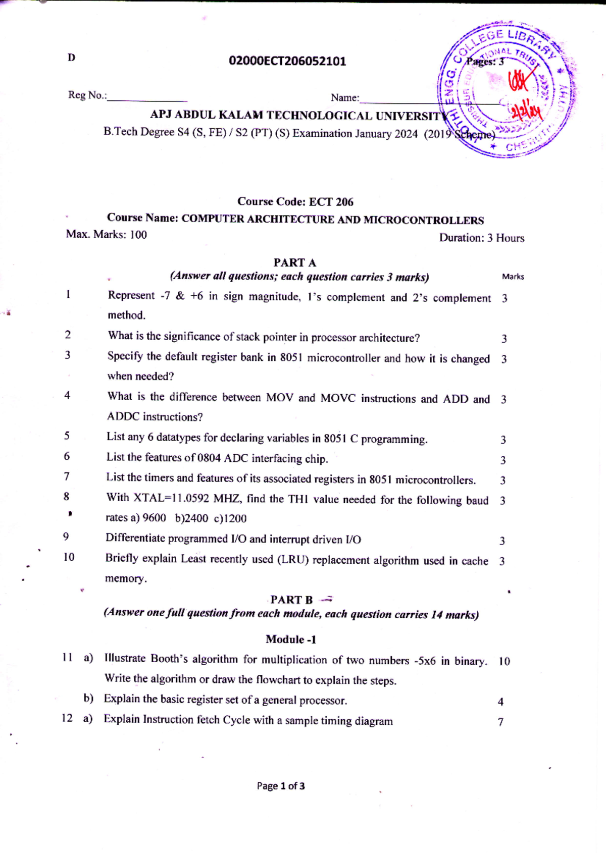 ECT206 Computer Architecture AND Microcontrollers, January 2024 - D Reg No.: 02000EcT206052LOL ...