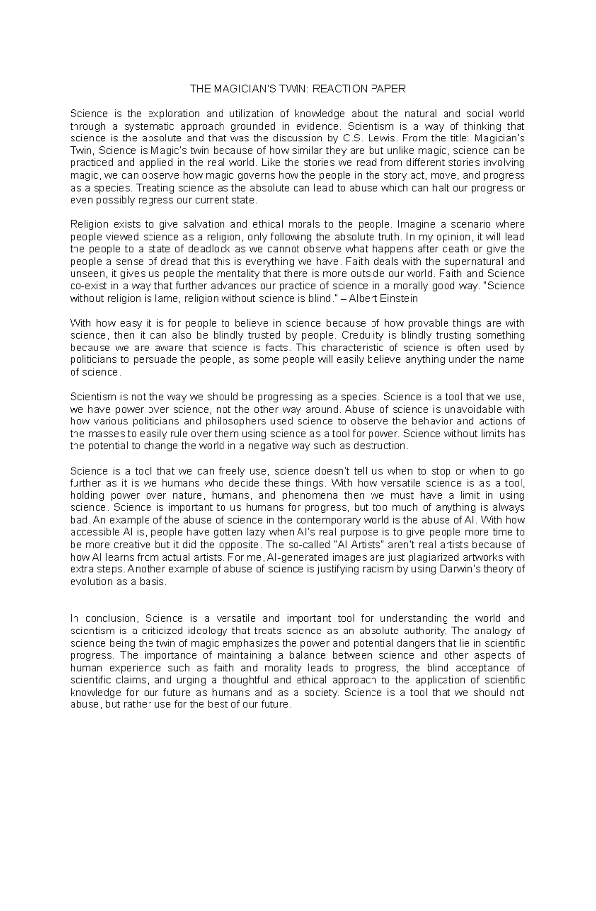 Reaction Paper - THE MAGICIAN’S TWIN: REACTION PAPER Science is the ...