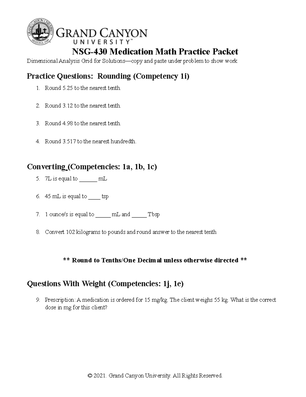 Blank Med Packet - Med Math - NSG-430 Medication Math Practice Packet ...