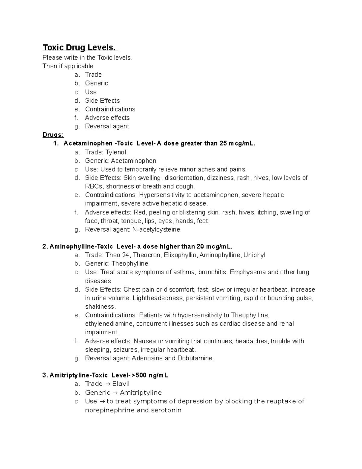 Toxic Levels - notes - Toxic Drug Levels. Please write in the Toxic ...