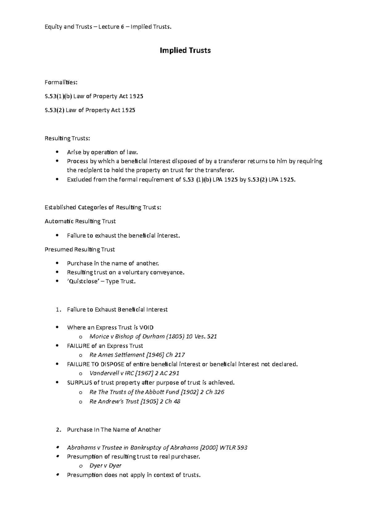 Lecture 6 - Implied Trusts - Equity and Trusts – Lecture 6 – Implied Trusts. Implied Trusts ...