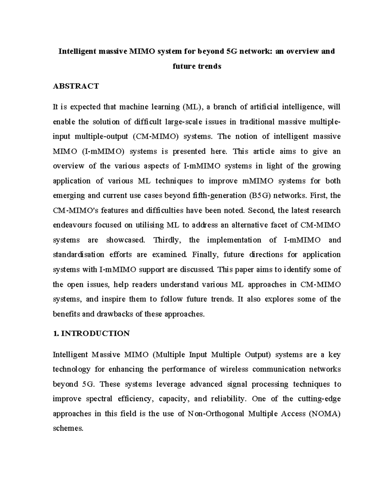 (Document) Intelligent massive MIMO system for beyond 5G network an overview and future trends ...