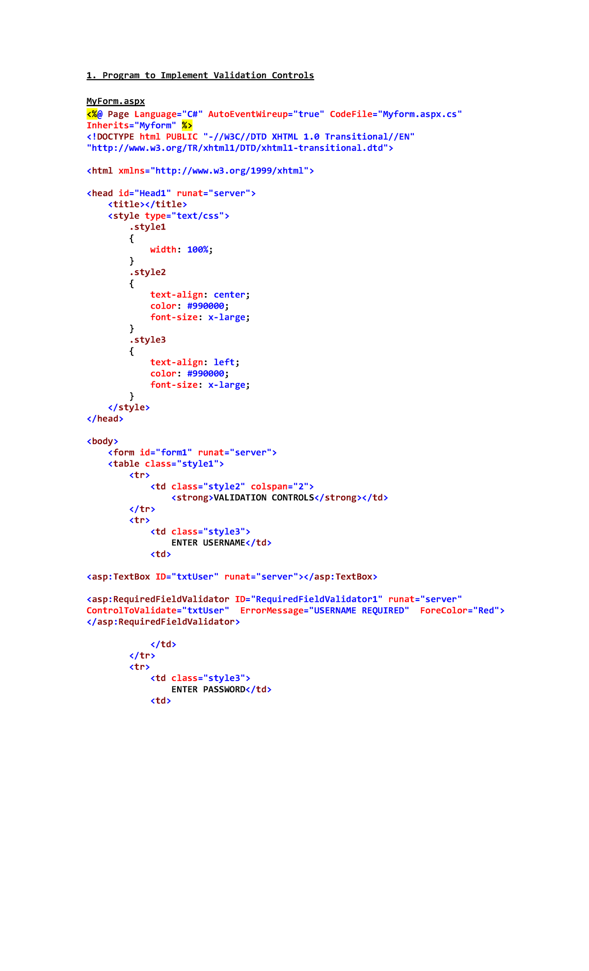 ASP.NET Lab Record 18 Copies - Program to Implement Validation Controls ...