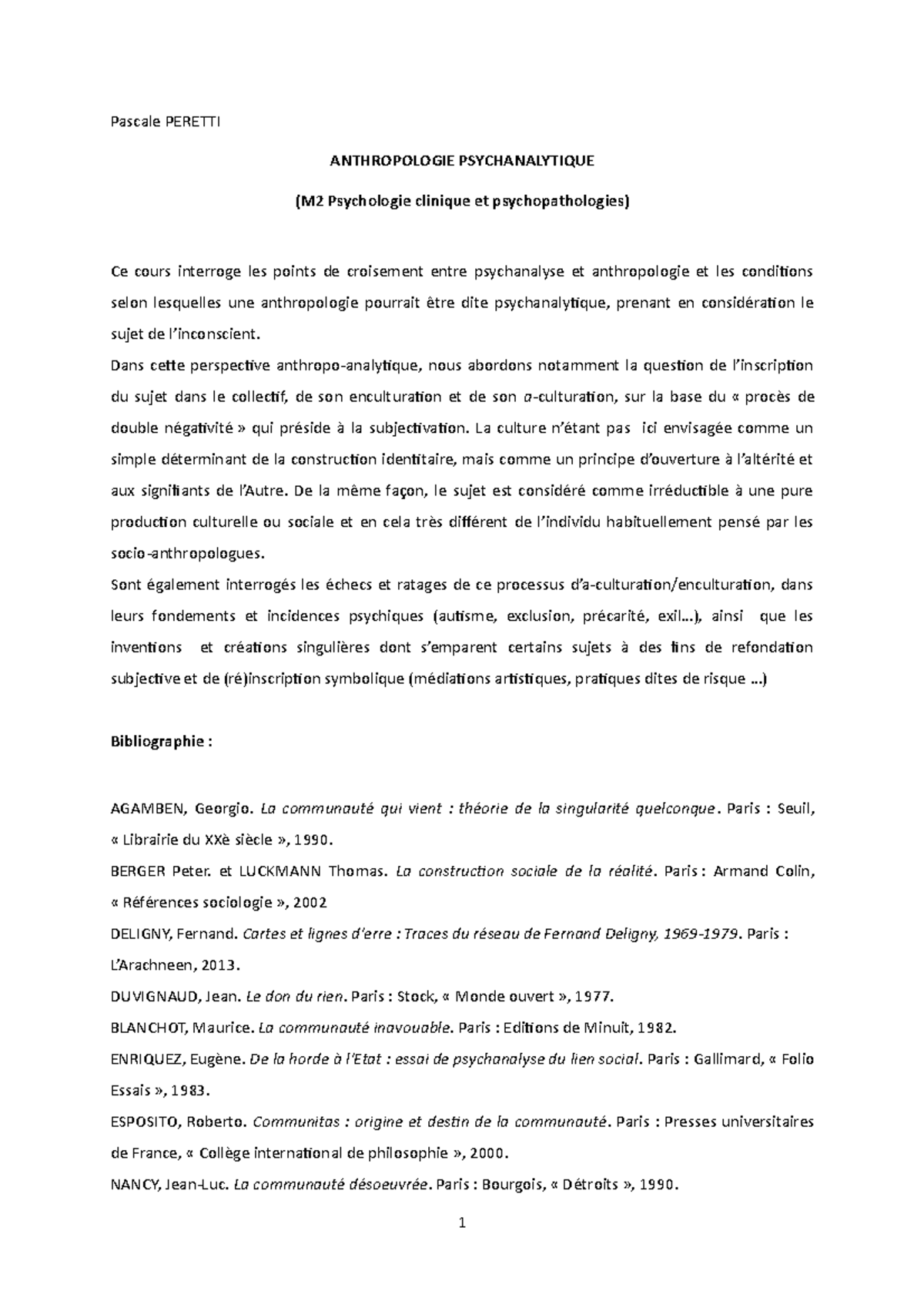 M2-Anthropo-analyse - Semestre 2, M2, Pascale Peretti - Pascale PERETTI ...
