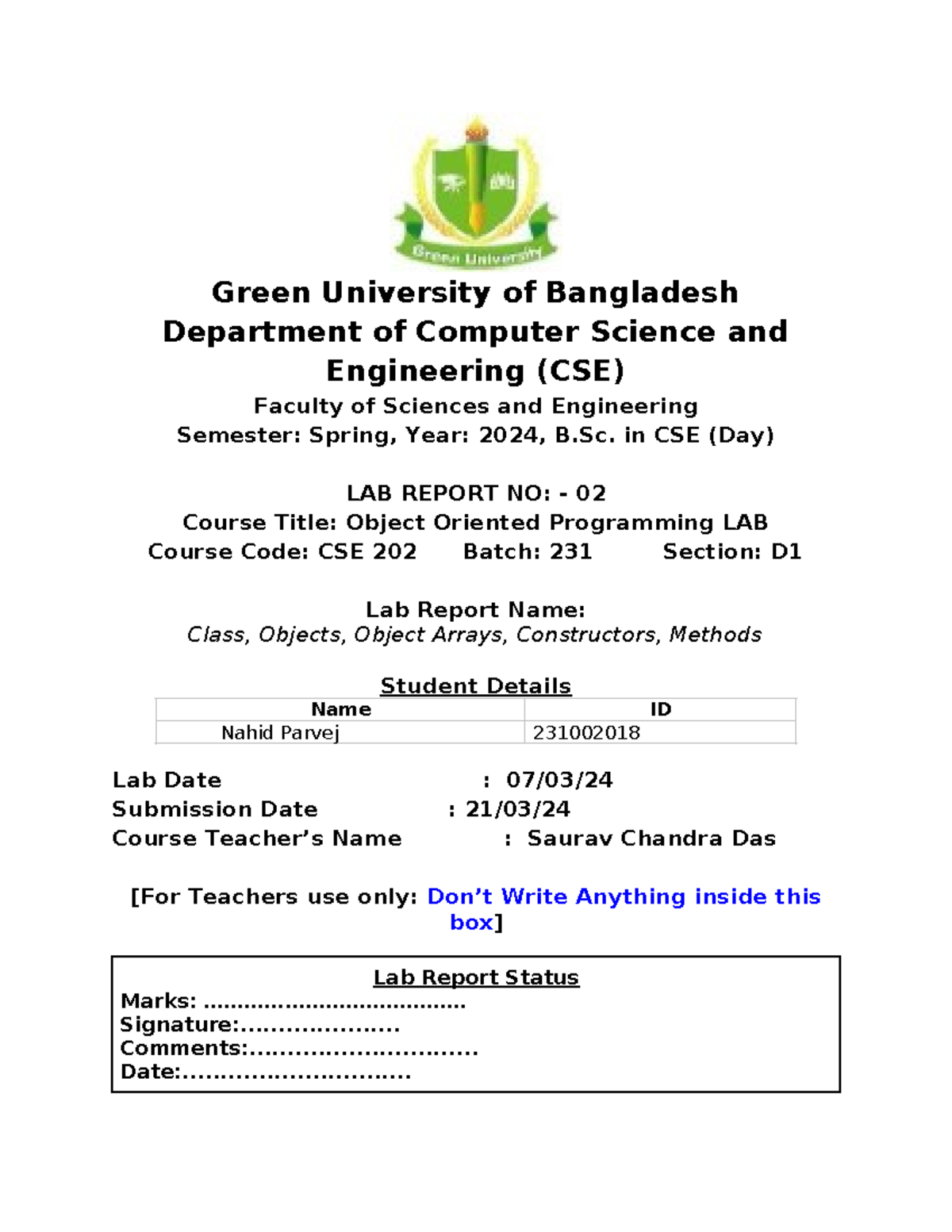 OP 2 - The Lab reports - Green University of Bangladesh Department of ...