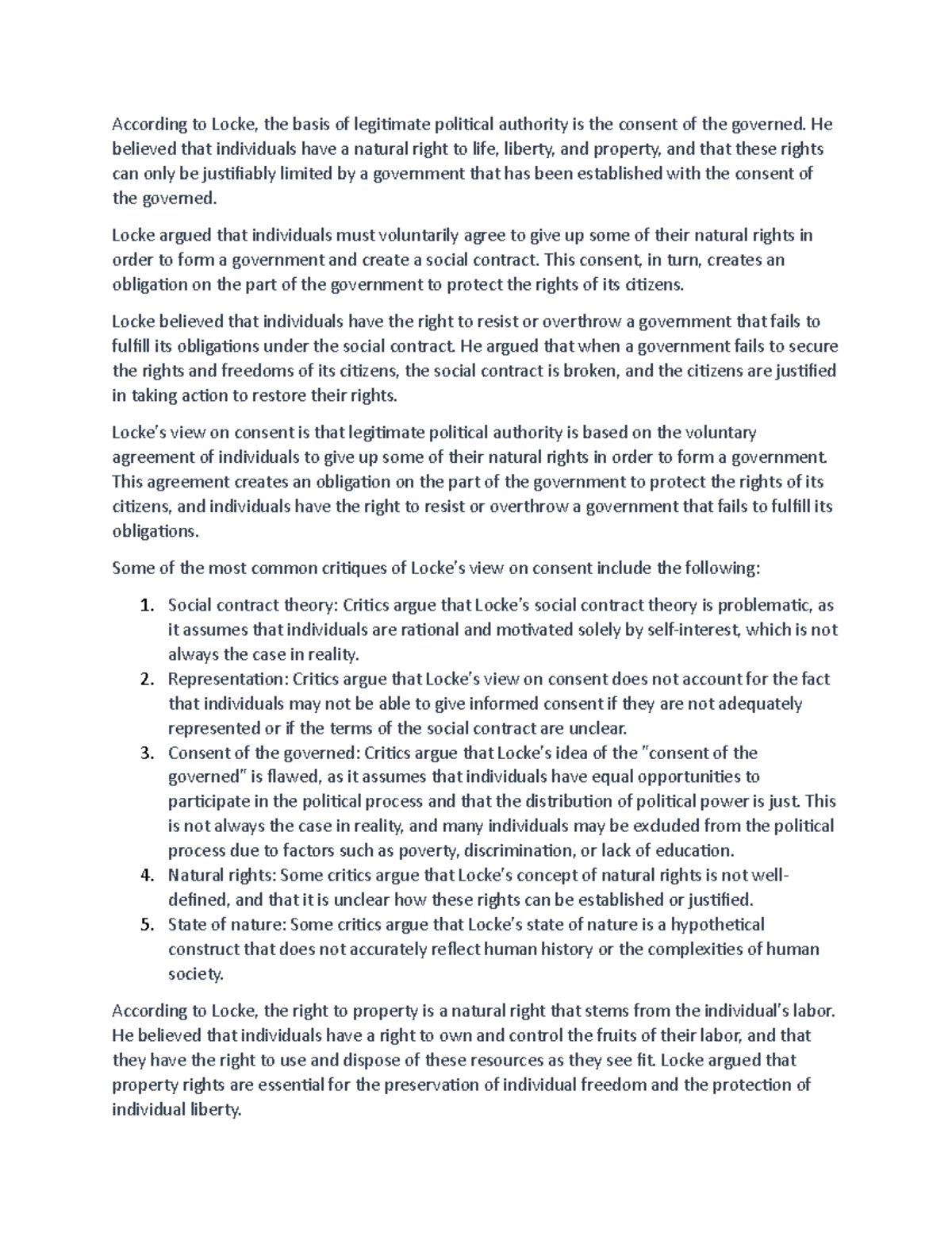 Locke on Consent and Property - According to Locke, the basis of ...
