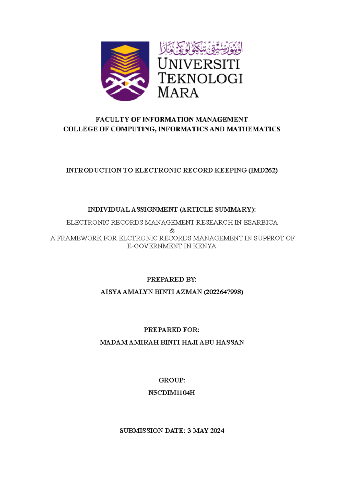 IMD262 Individual Assignment - FACULTY OF INFORMATION MANAGEMENT COLLEGE OF COMPUTING ...