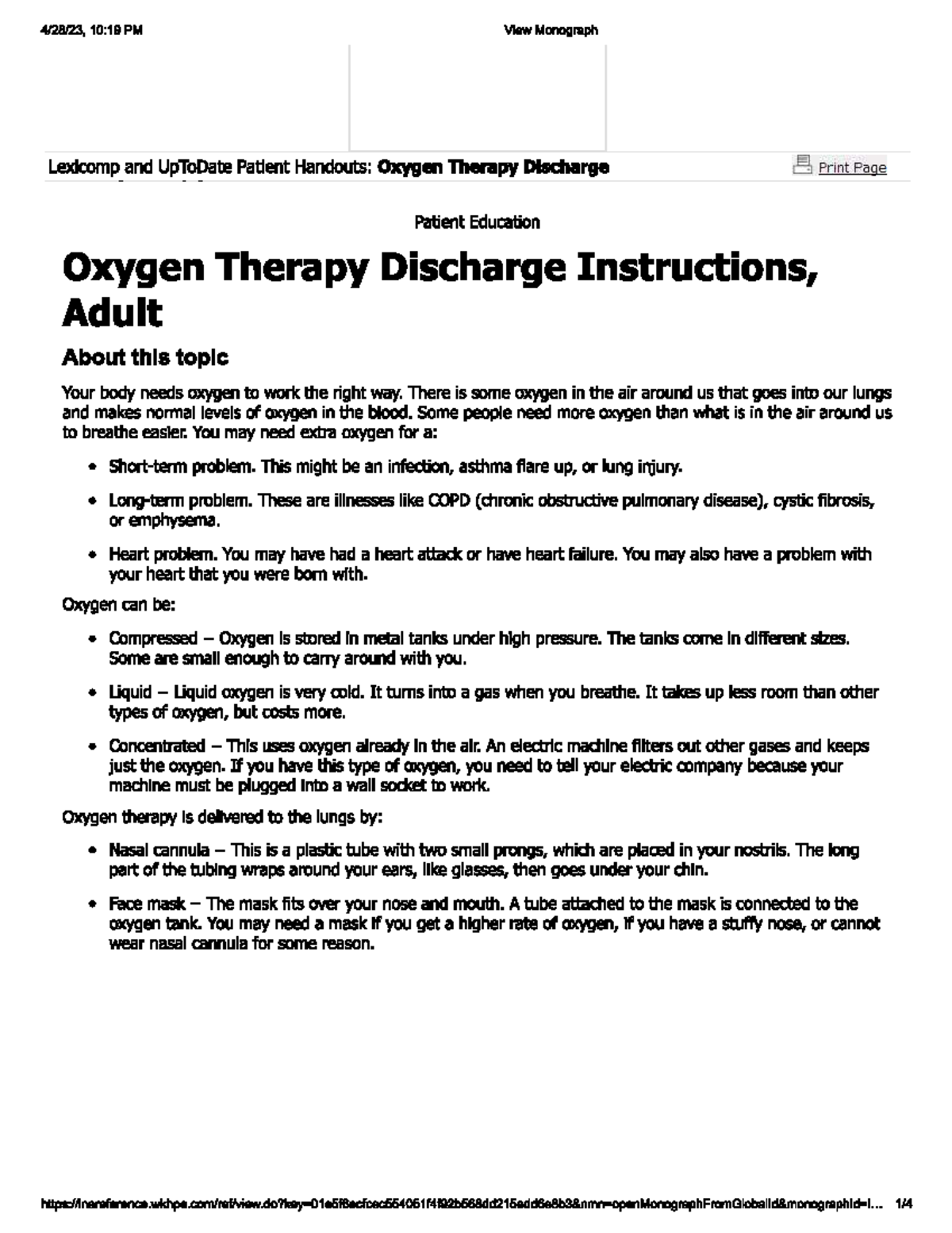 Oxygen Therapy Discharge Instructions, Adult med surg - NSG 123 - Studocu