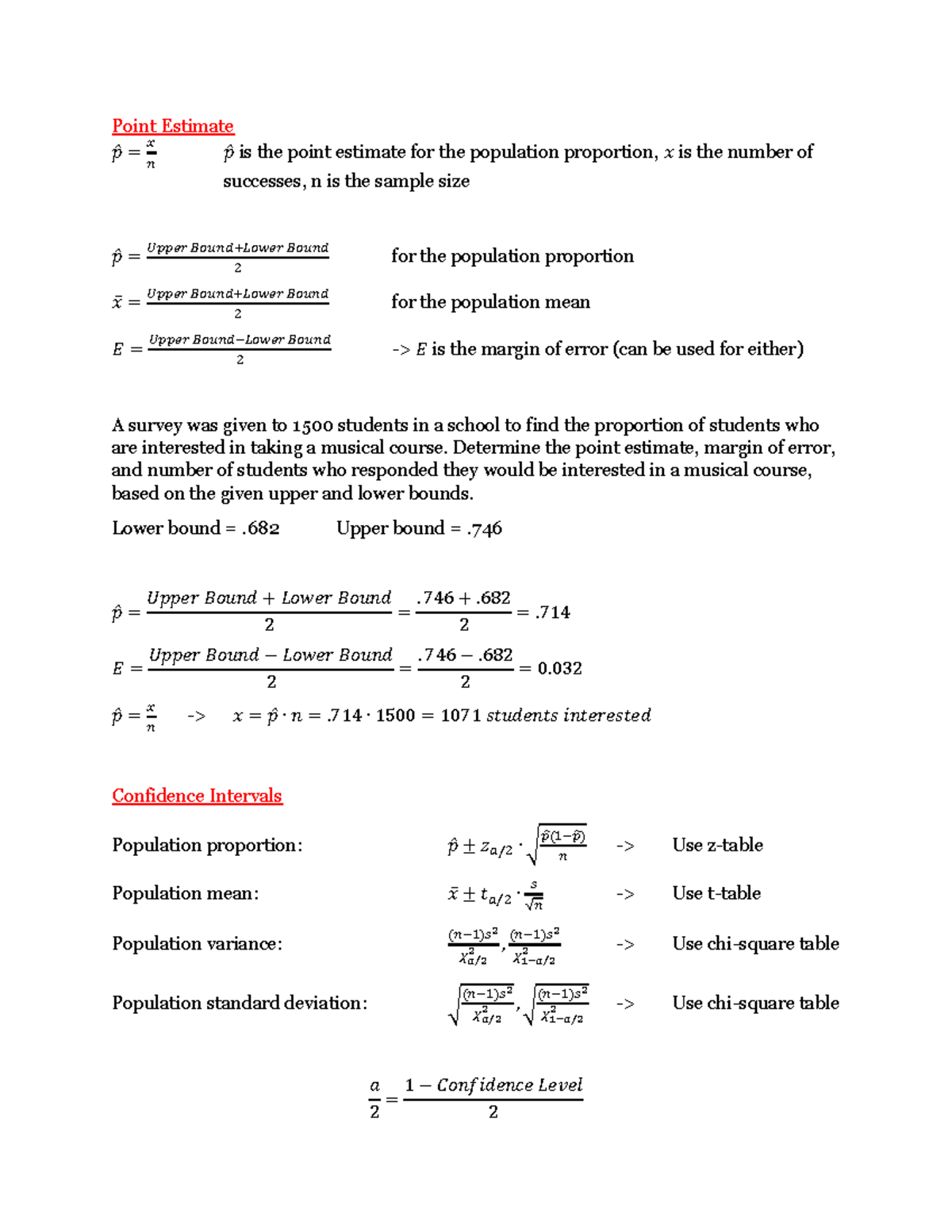 Confidence Intervals - Point Estimate 𝑝̂ = 𝑛𝑥 𝑝̂ is the point estimate ...