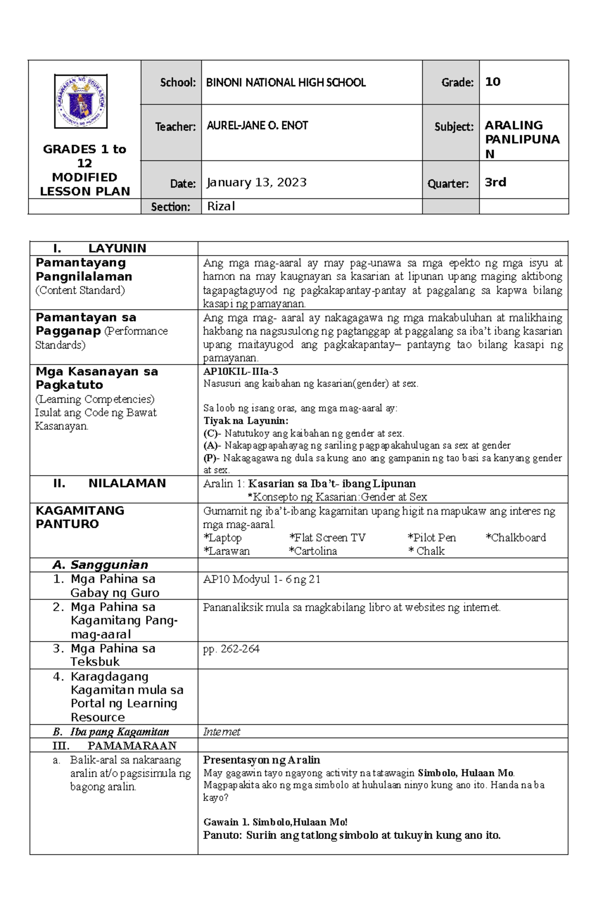 1-LP-Sex at Gender - GRADES 1 to 12 MODIFIED LESSON PLAN School: BINONI ...