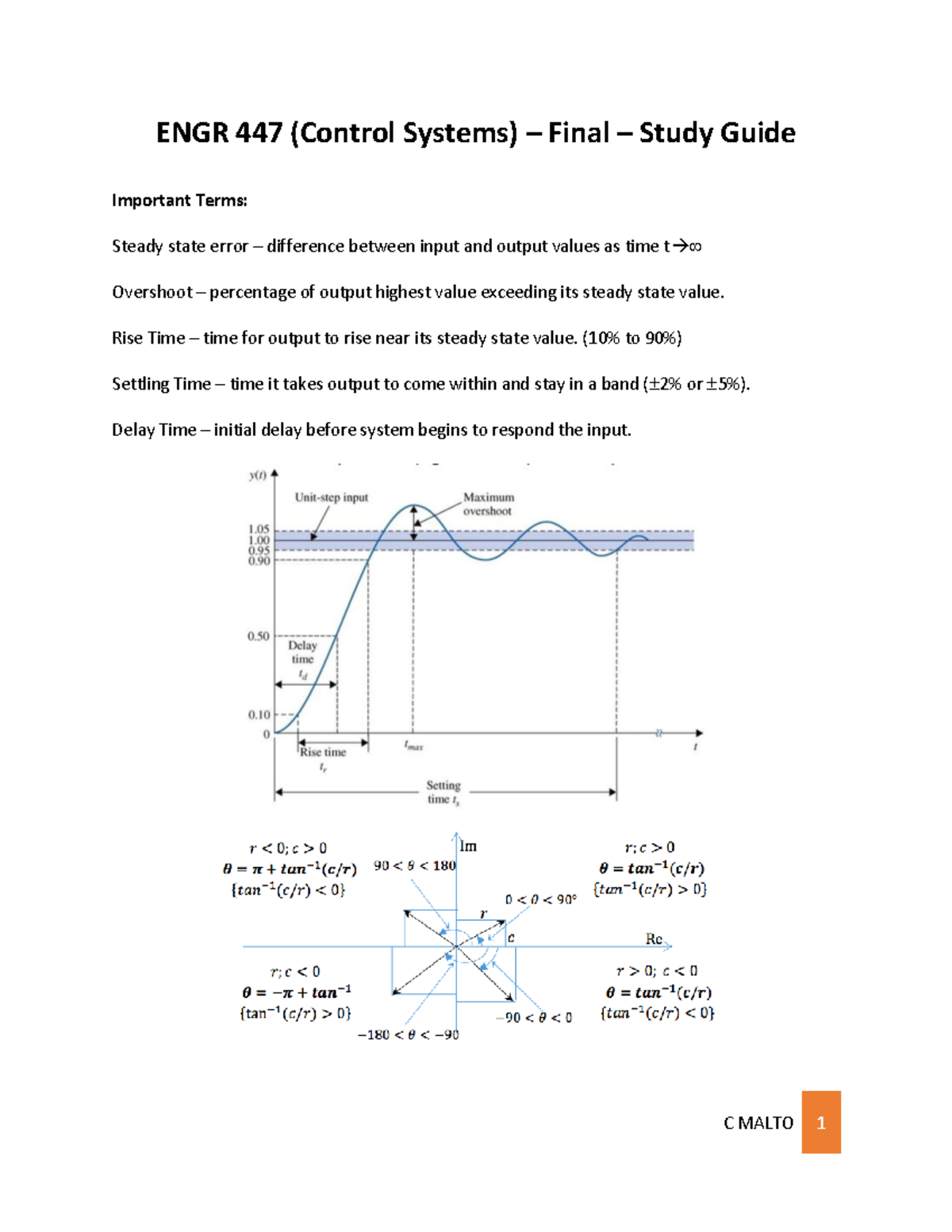 447 Final Study Guide - Summary Control Systems - ENGR 447 (Control Systems) Final Study Guide ...