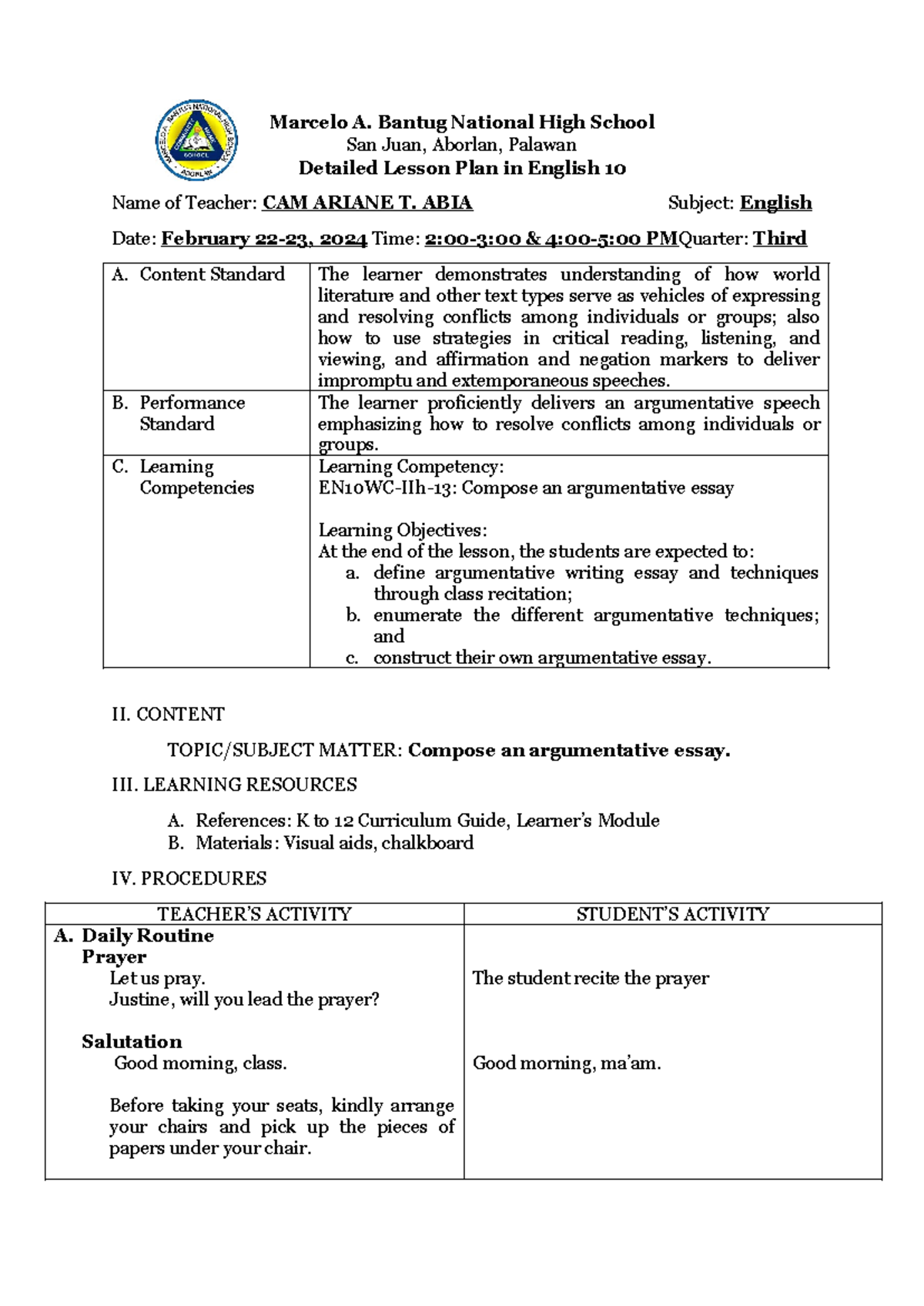 Lesson PLAN. Techniques ON Writing Argumentative Essay - Marcelo A ...