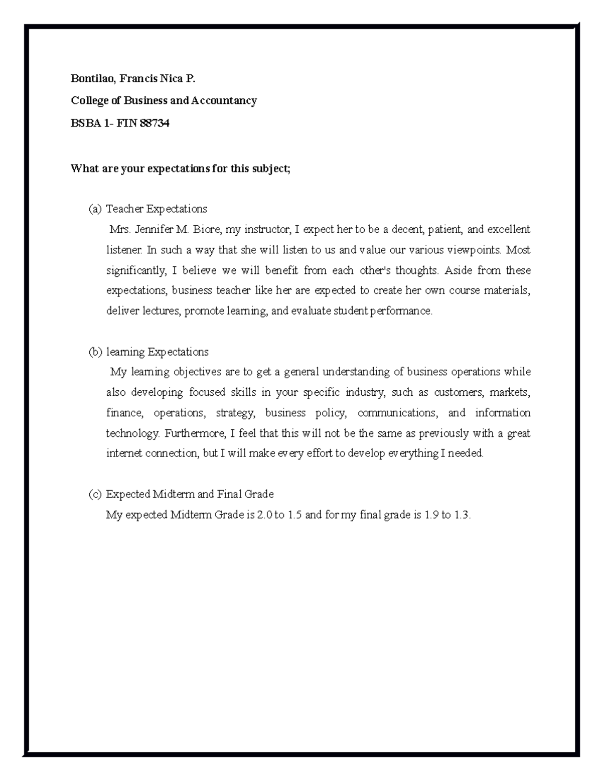 Seat Work # 2 Subject Expectations-UC BANILAD - Bontilao, Francis Nica ...