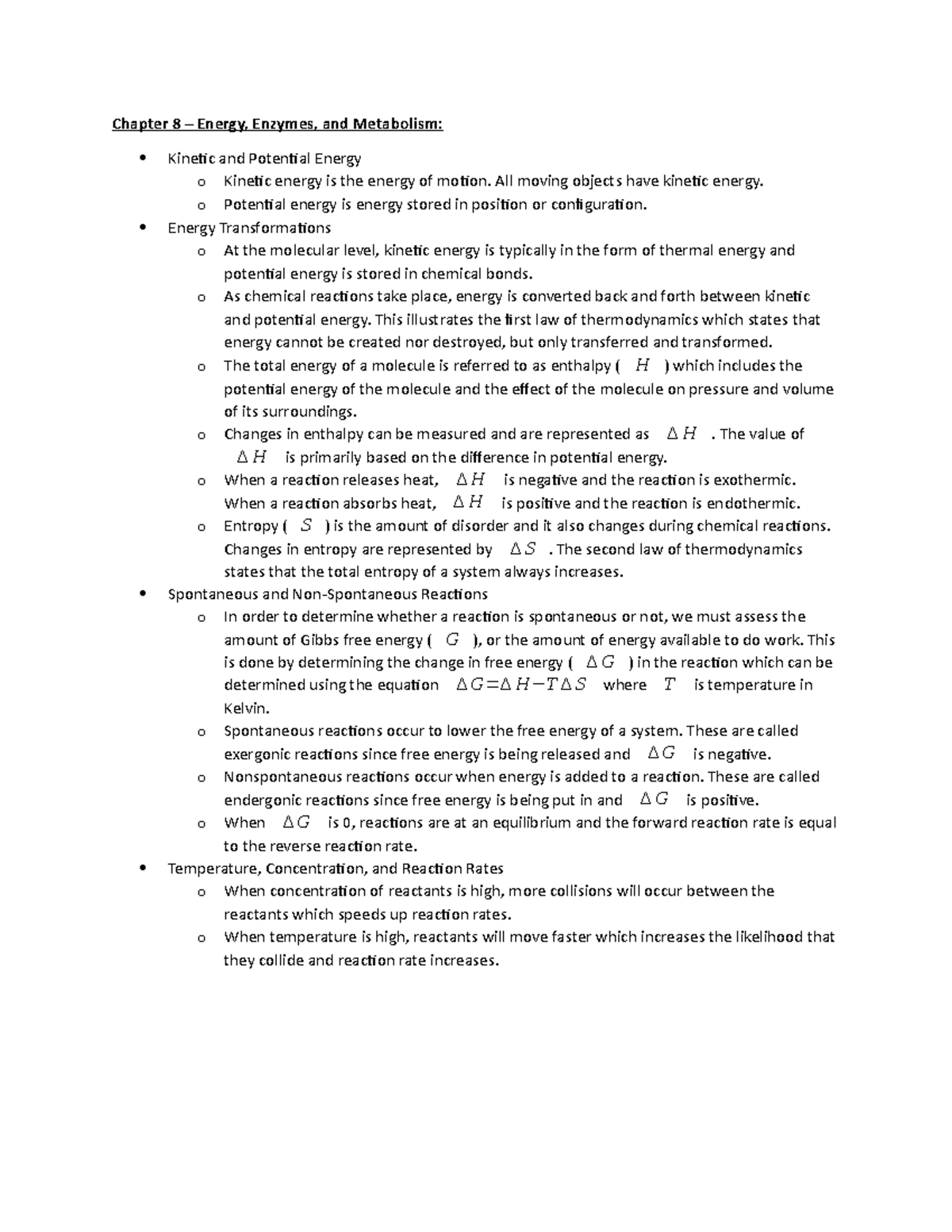 BIOL1000 - Chapter 11 (Ch. 8 E-Text) – Energy, Enzymes, and Metabolism ...