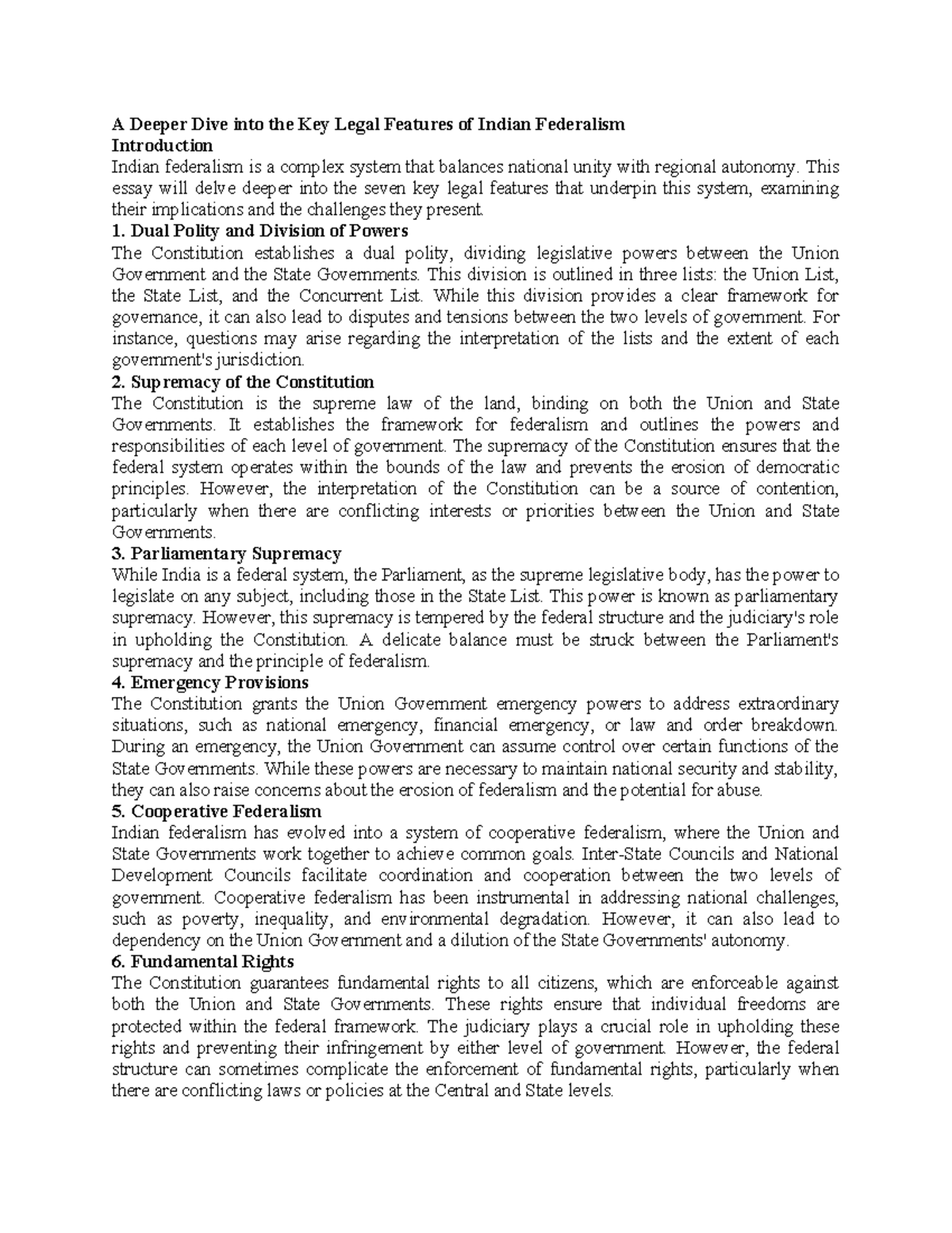 7 Legal features of federalism in India. Elaborate - A Deeper Dive into ...