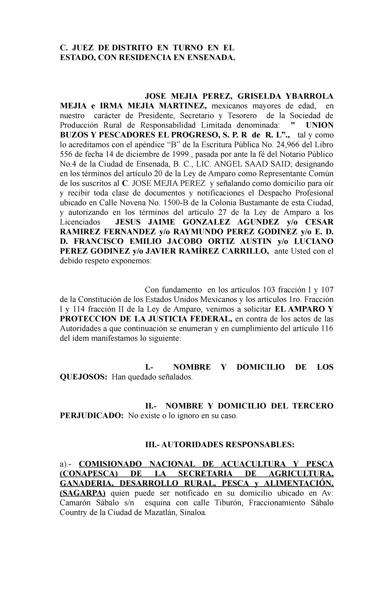 Amparo Derecho Peticion - C. JUEZ DE DISTRITO EN TURNO EN EL ESTADO ...