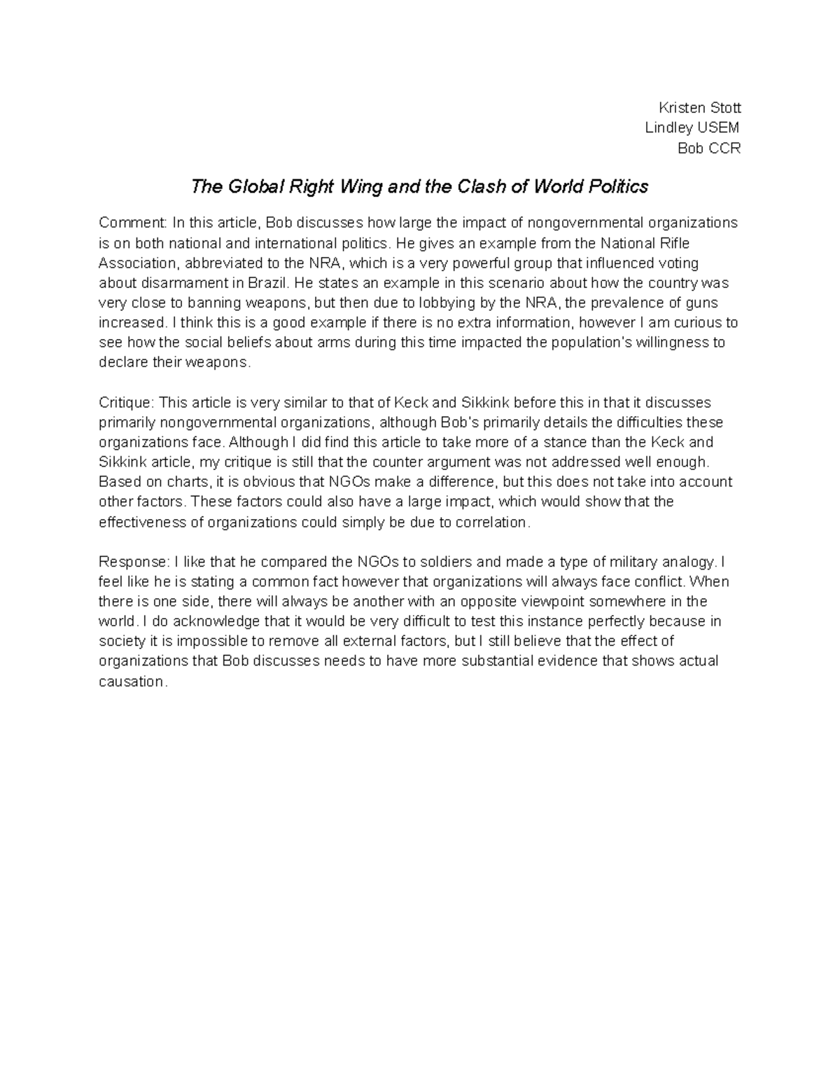 Bob CCR (thurs) - Professor Daniel Lindley - Kristen Stott Lindley USEM ...