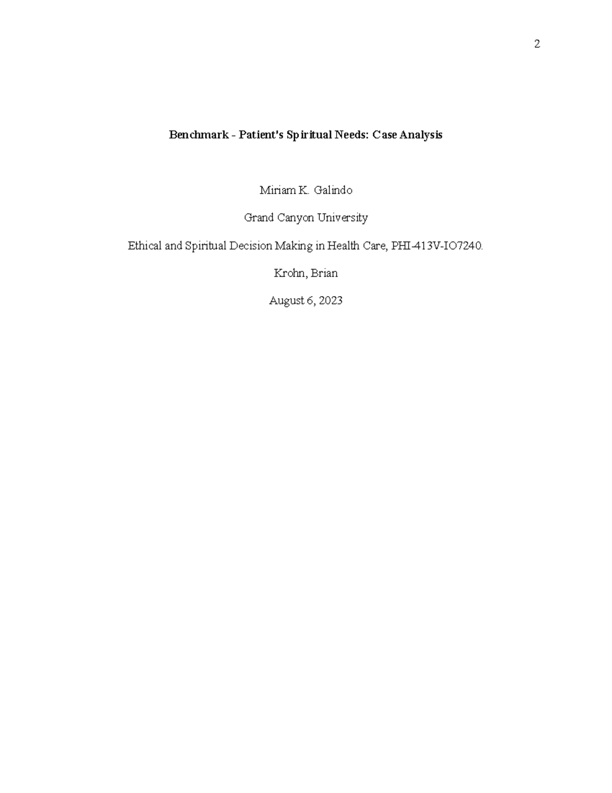 Benchmark patinets spiritual needs case study - Benchmark - Patient's ...