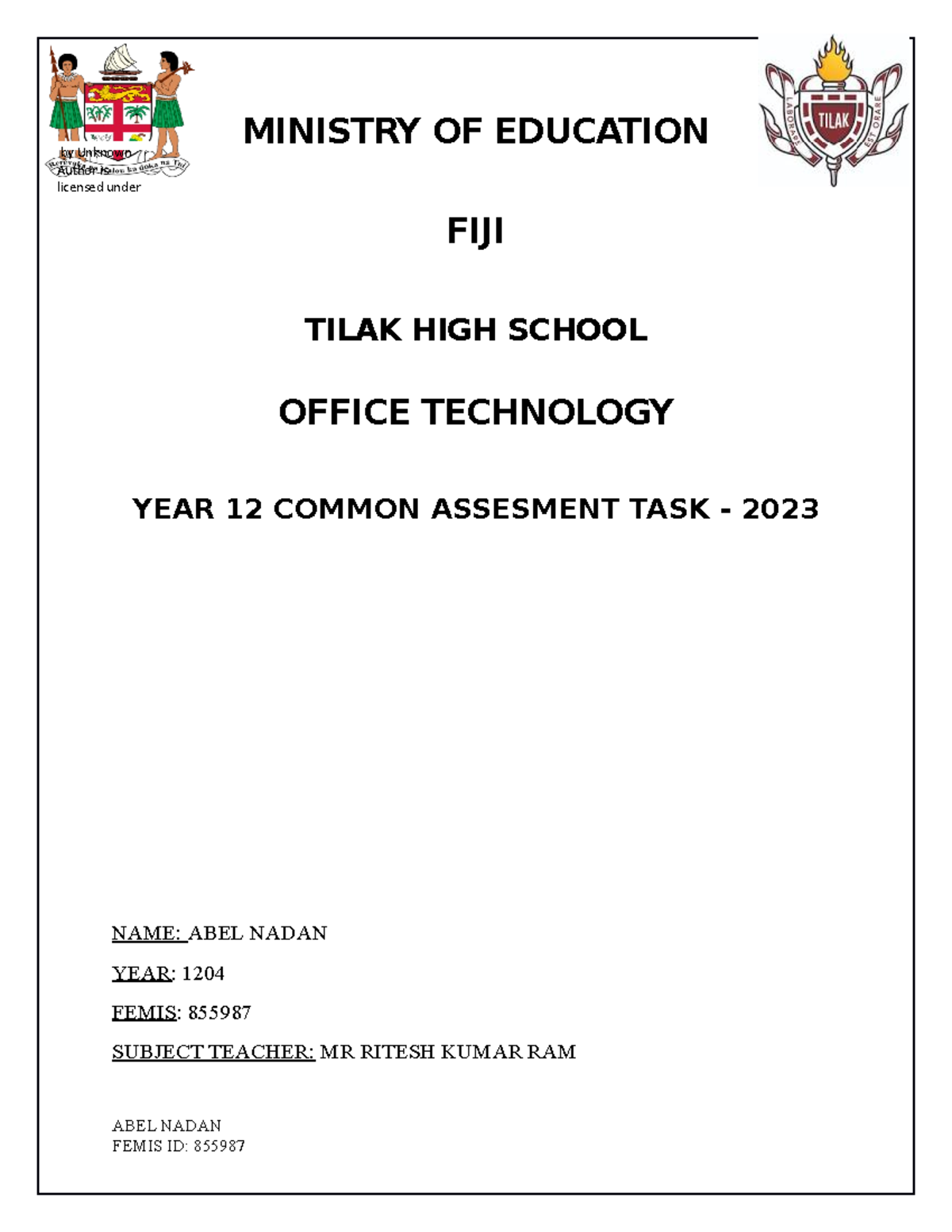 ABEL Nadan - 855987 - Project - MINISTRY OF EDUCATION FIJI TILAK HIGH ...