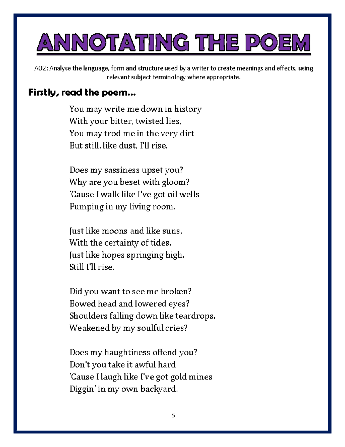 Poem for Annotating - k;k - 5 AO2: Analyse the language, form and ...
