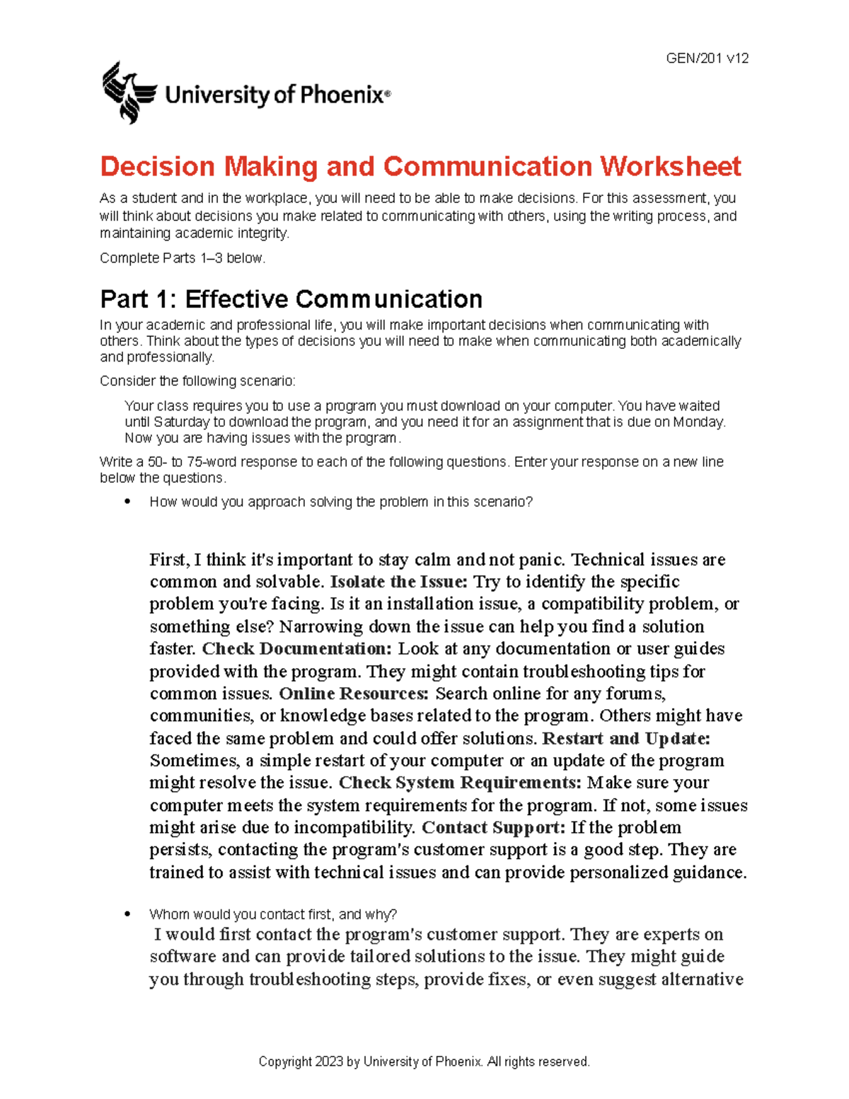 Gen201 v12 wk3 decision making and communication worksheet - GEN/201 v ...