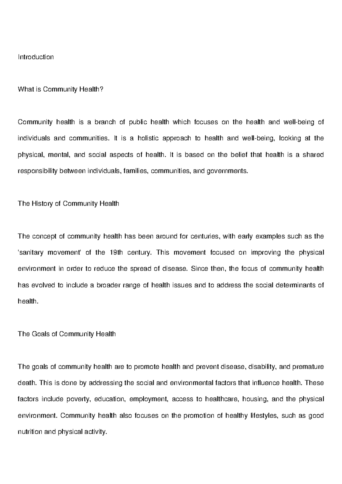 Introduction to Community Health - Studocu