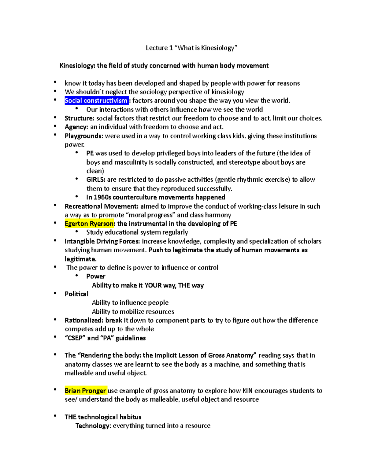 HH/KINE 1000 What is kinesiology notes lecture 1 - Lecture 1 “What is ...