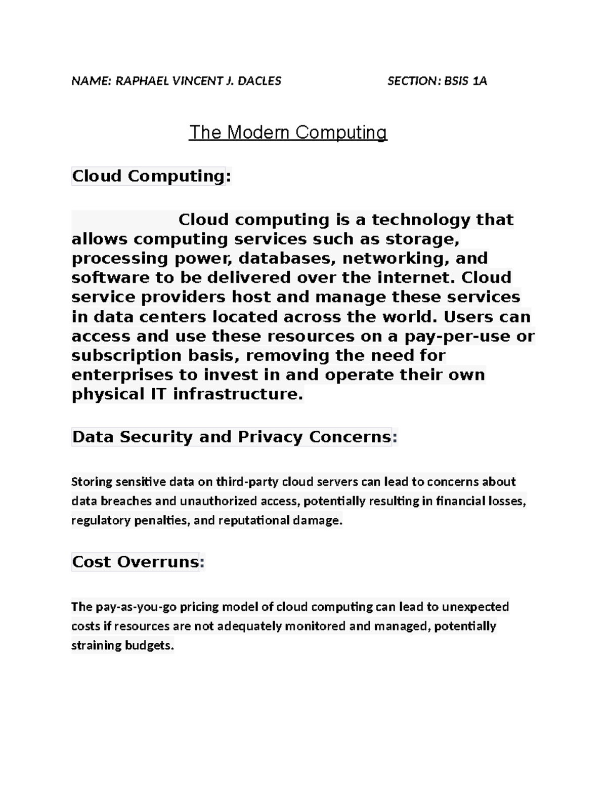 Raphael modern computing - NAME: RAPHAEL VINCENT J. DACLES SECTION ...