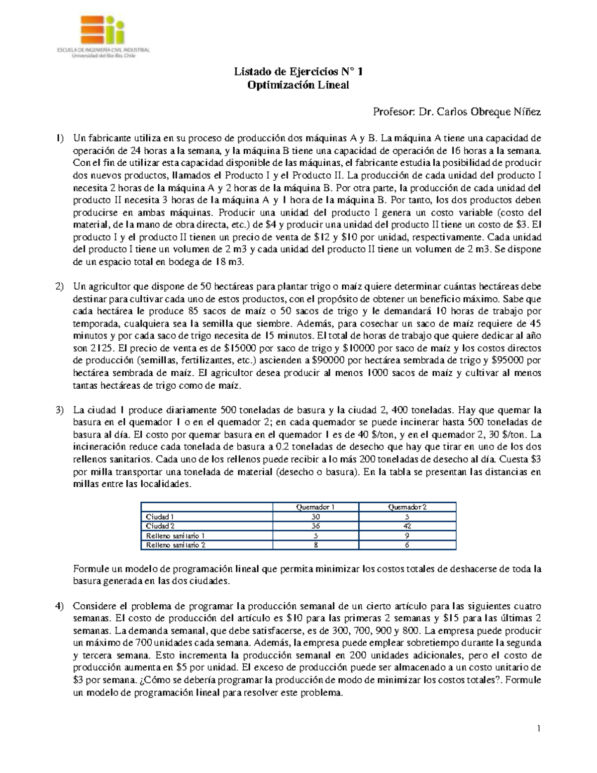 Listado 1 de Problemas de Optimización Lineal-2024 - Listado de Ejercicios N° 1 Optimización ...