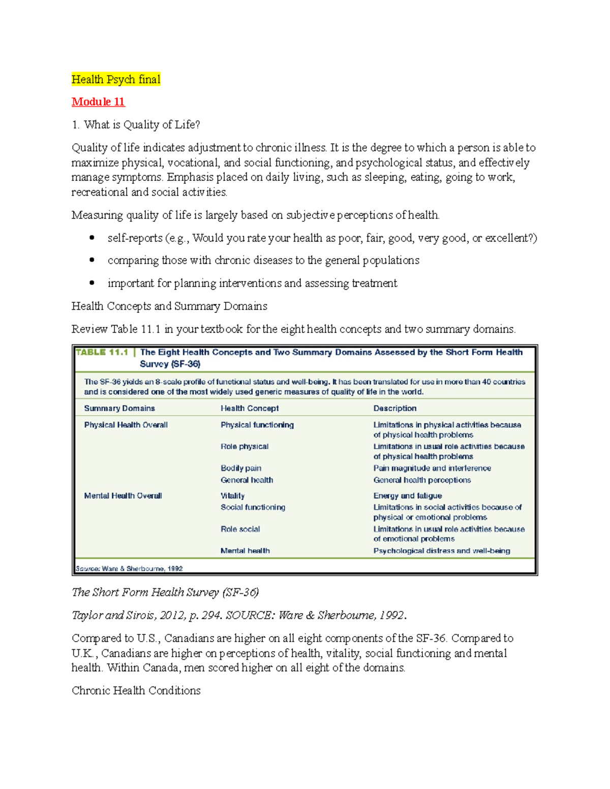 Psych 2151 Notes Final - Health Psych final Module 11 What is Quality ...