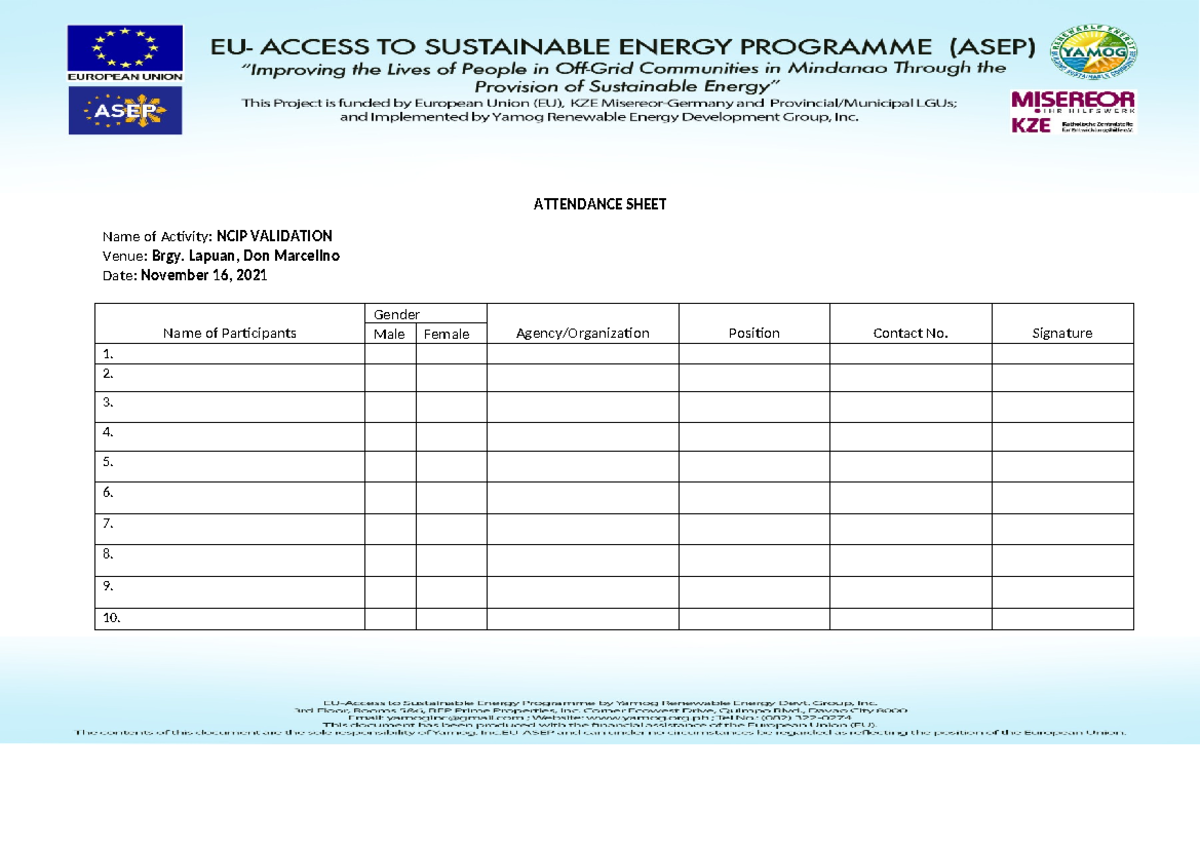 Attendance Sheet for training - BSED Science - ATTENDANCE SHEET Name of Activity: NCIP ...