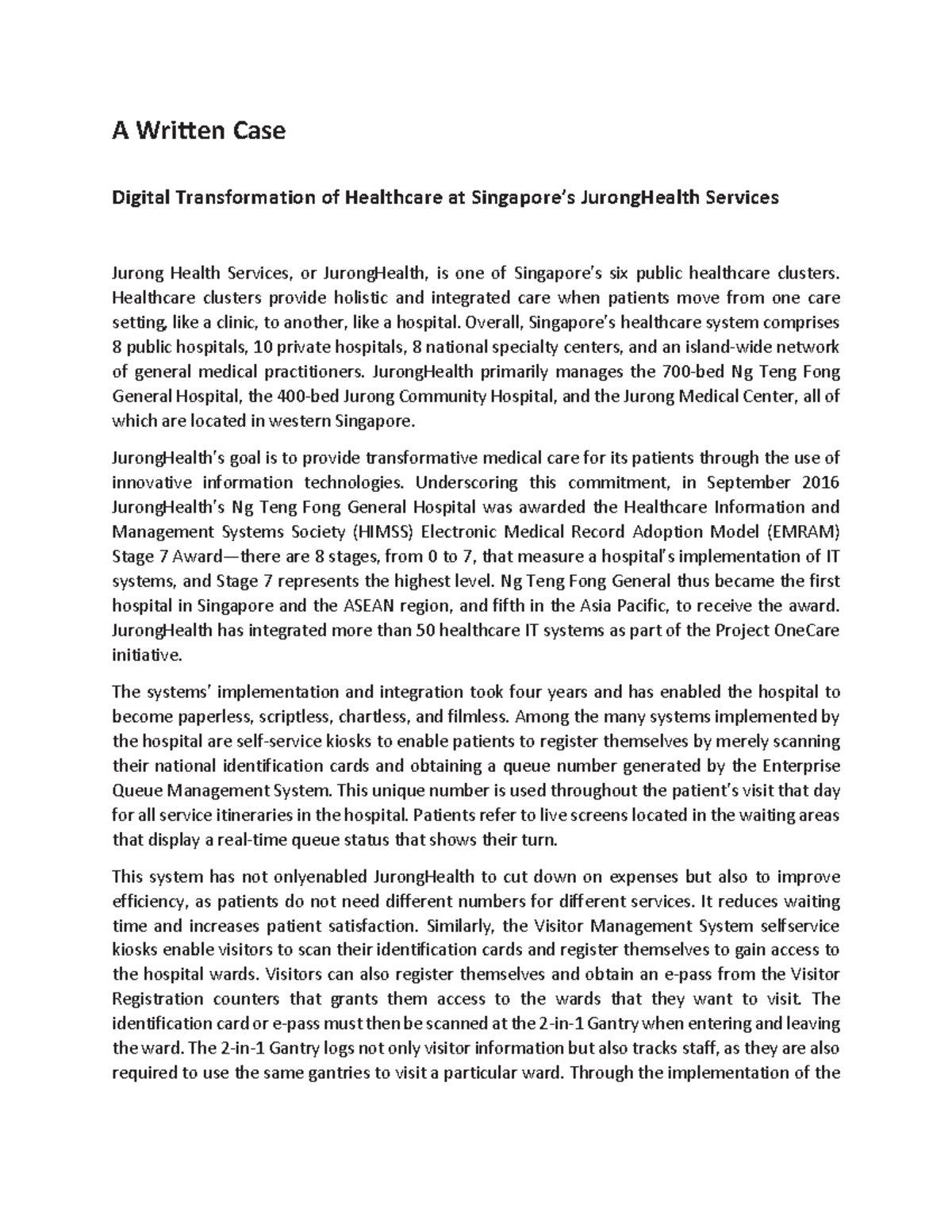 Week 01 Case - Tutorial - A Written Case Digital Transformation of ...