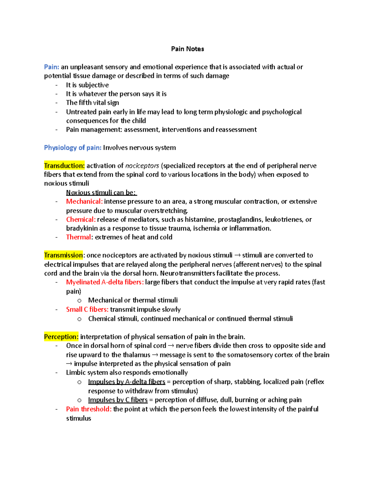 Pain Notes - Pain Notes Pain: an unpleasant sensory and emotional ...