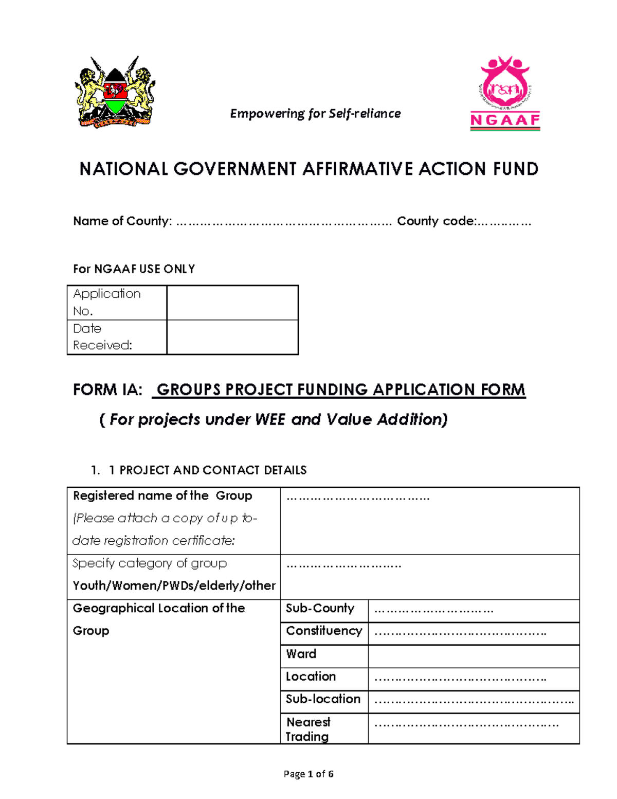 Application FORM IA - Groups Funding ( Revised 2021) Ngaaf - Empowering for Self-reliance ...