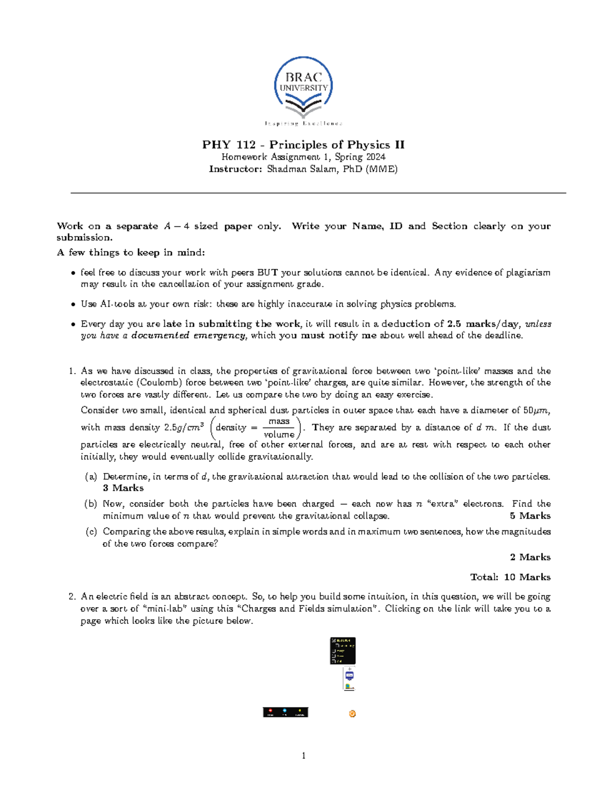 HW1 PHY112 S24 - Assignment - PHY 112 - Principles of Physics II Homework Assignment 1, Spring ...