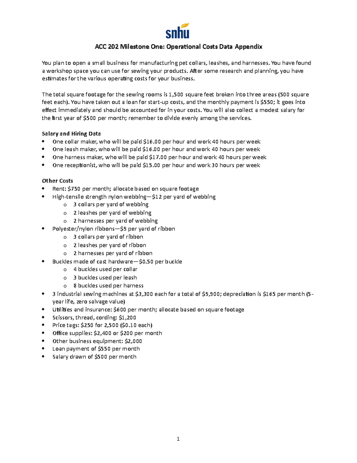 Milestone 1 directions - ACC 202 Milestone One: Operational Costs Data ...