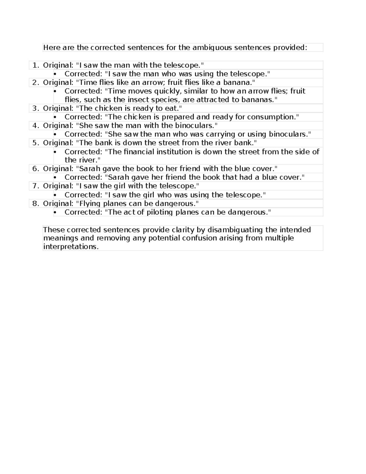 Ambiguous sentences-answer key - Here are the corrected sentences for ...
