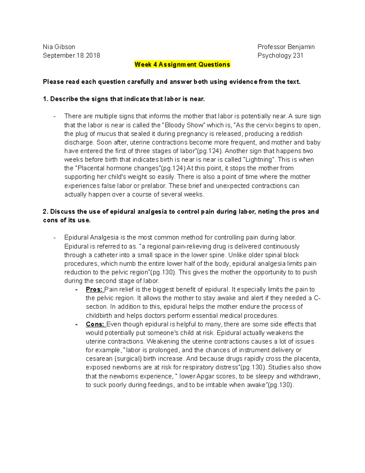 Psych 231 Week 4 Assignment Questions - Nia Gibson Professor Benjamin September.18 Psychology ...