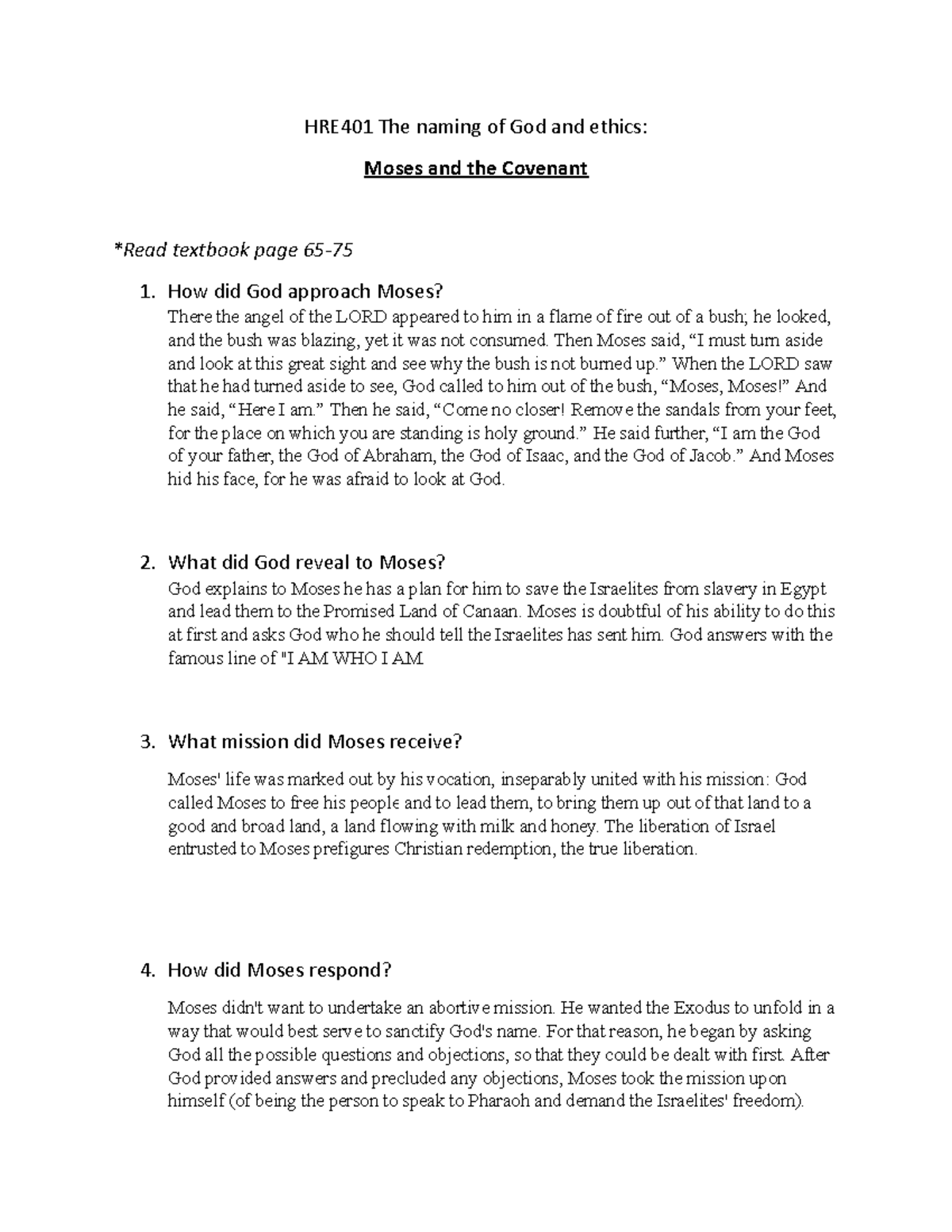 Moses and the Covenant Activity - HRE401 The naming of God and ethics ...