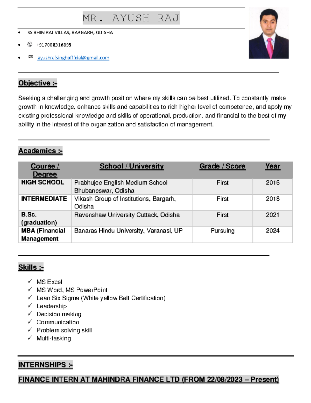 Cv new - Copy - MR. AYUSH RAJ SS BHIMRAJ VILLAS, BARGARH, ODISHA ...