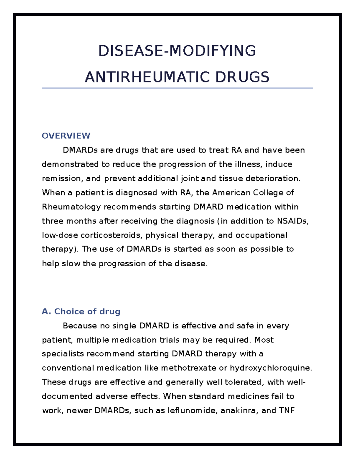 Disease- Modifying Antirheumatic Drugs - Pharmacology - BHU - Studocu