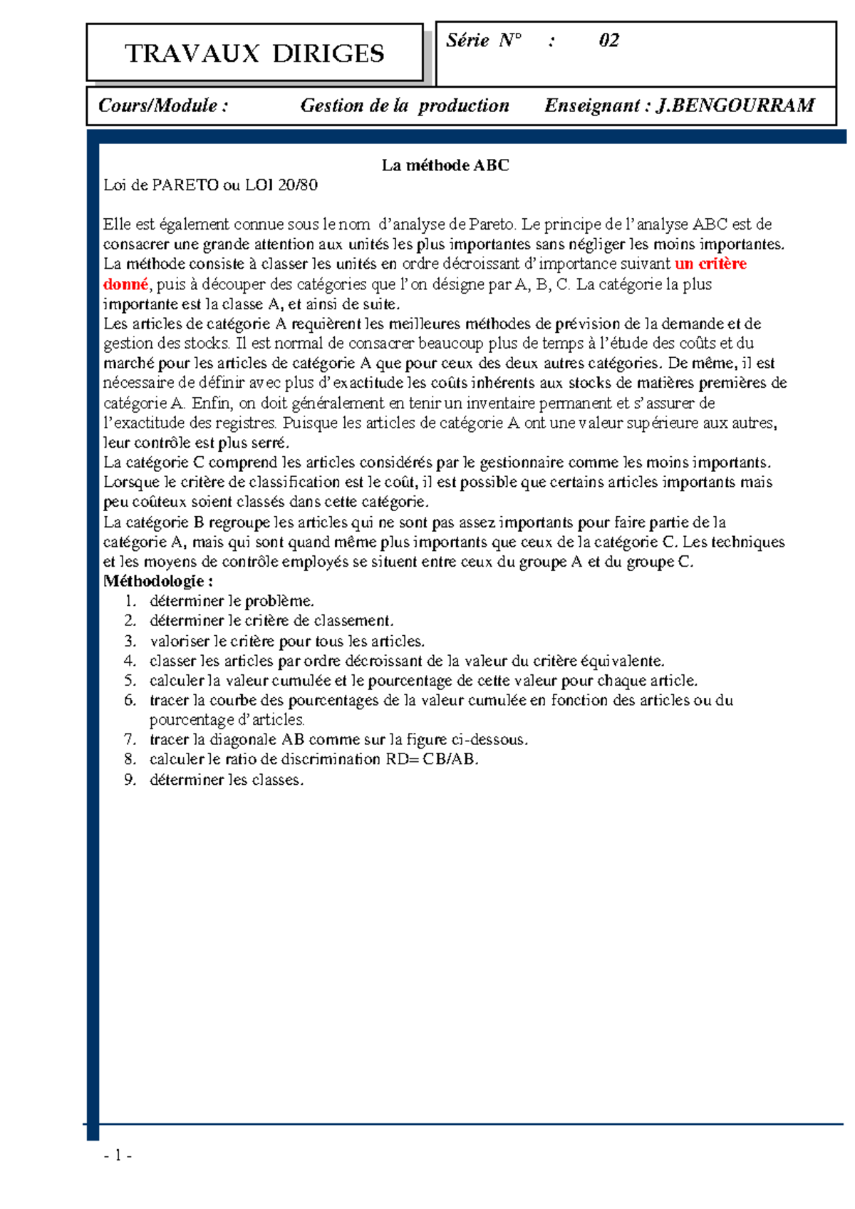 Serie 2 Pareto - kjhgh - TRAVAUX DIRIGES Cours/Module : Gestion de la ...